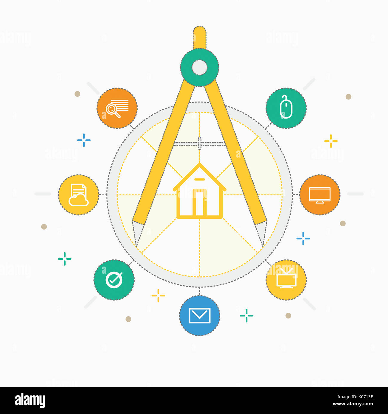 Infographic compass with various connected circle icons Stock Photo - Alamy