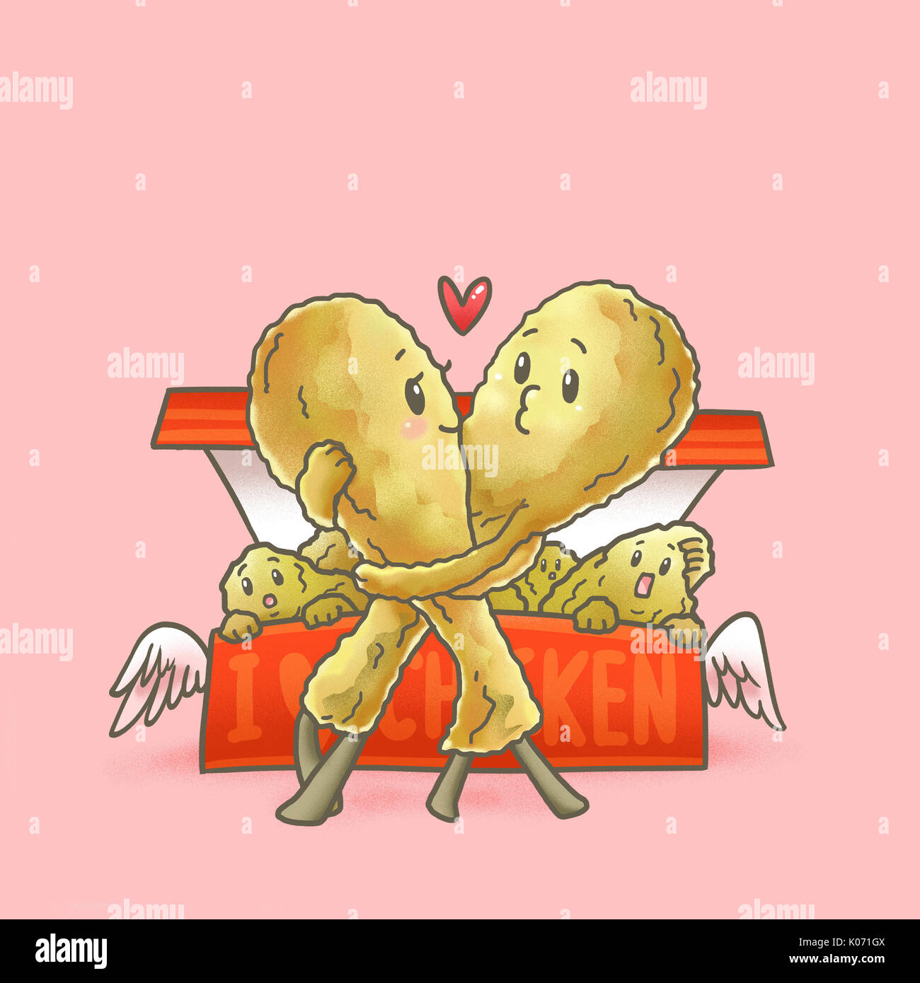 Personified fried chicken couple hugging Stock Photo - Alamy