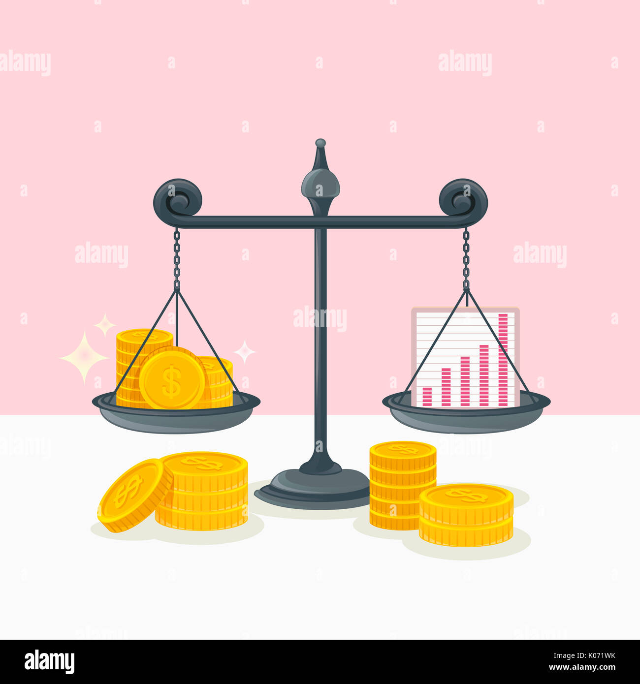 Pair of scale with stacked gold coins and graphs Stock Photo - Alamy