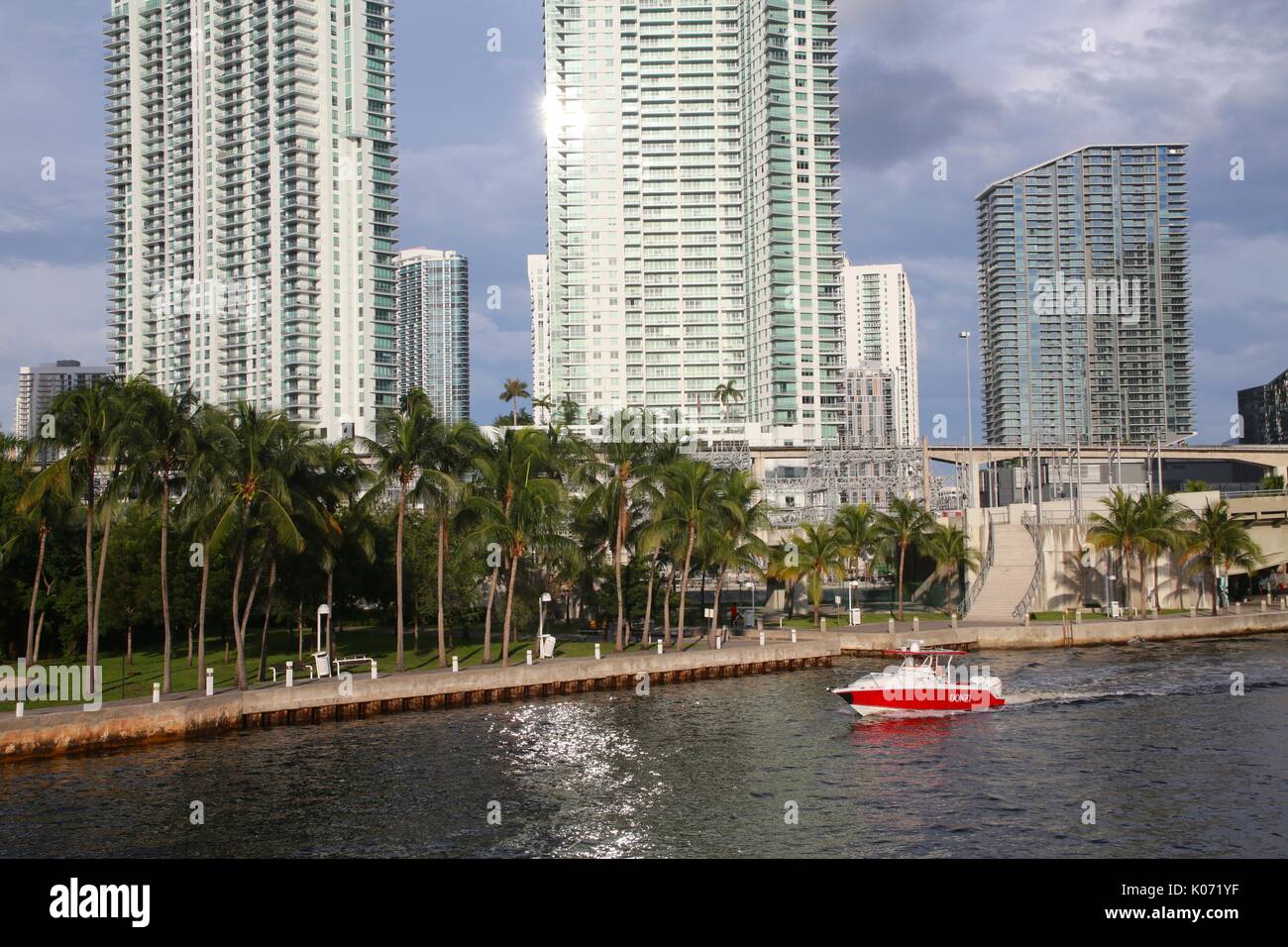 Miami Inlet from the River Yacht Club with Boat Passing Stock Photo - Alamy