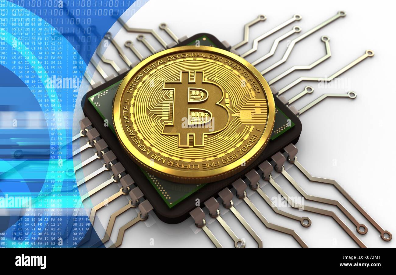 3d illustration of bitcoin over white background with computer chip ...