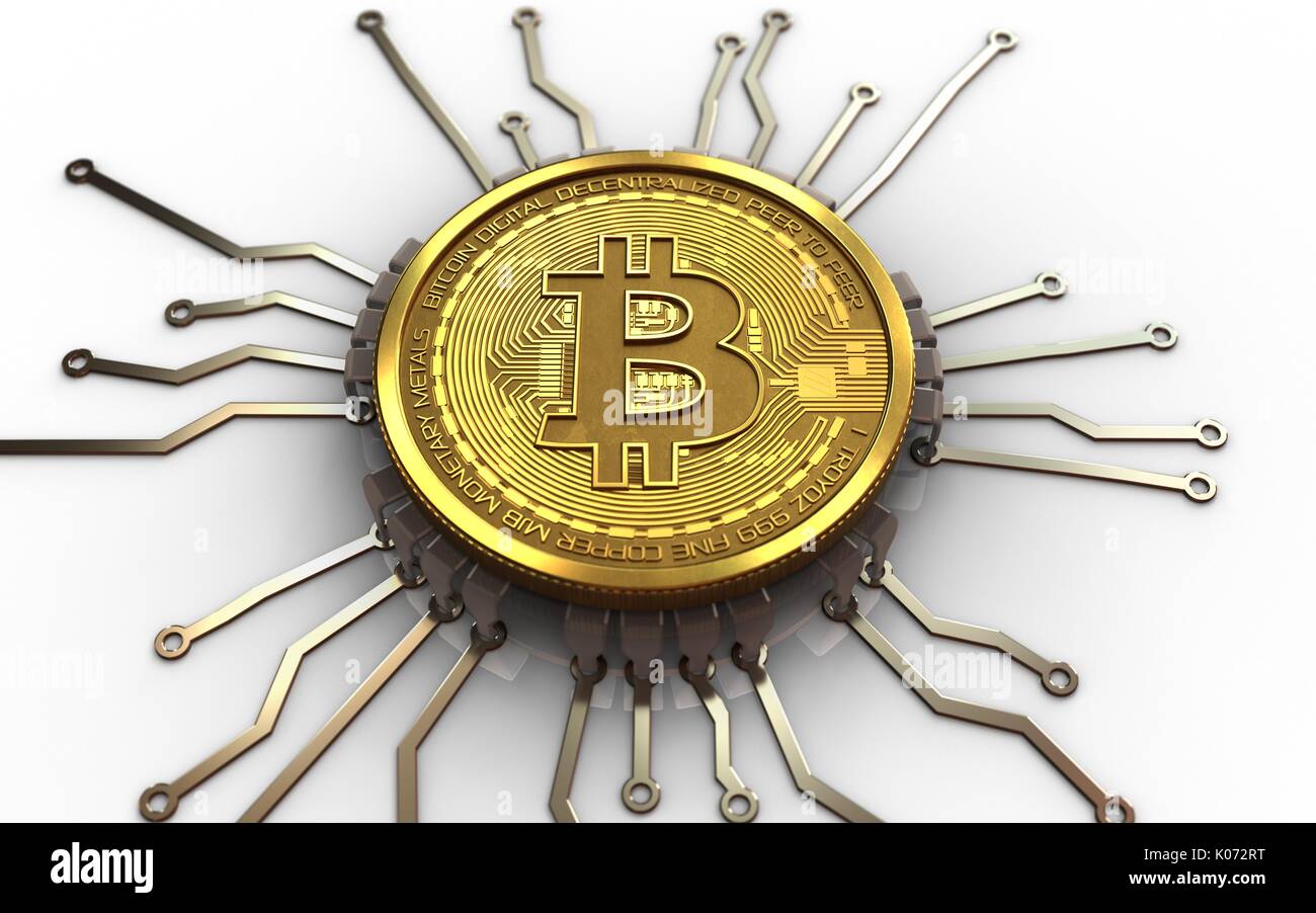 3d illustration of bitcoin over white background with chip schema Stock ...