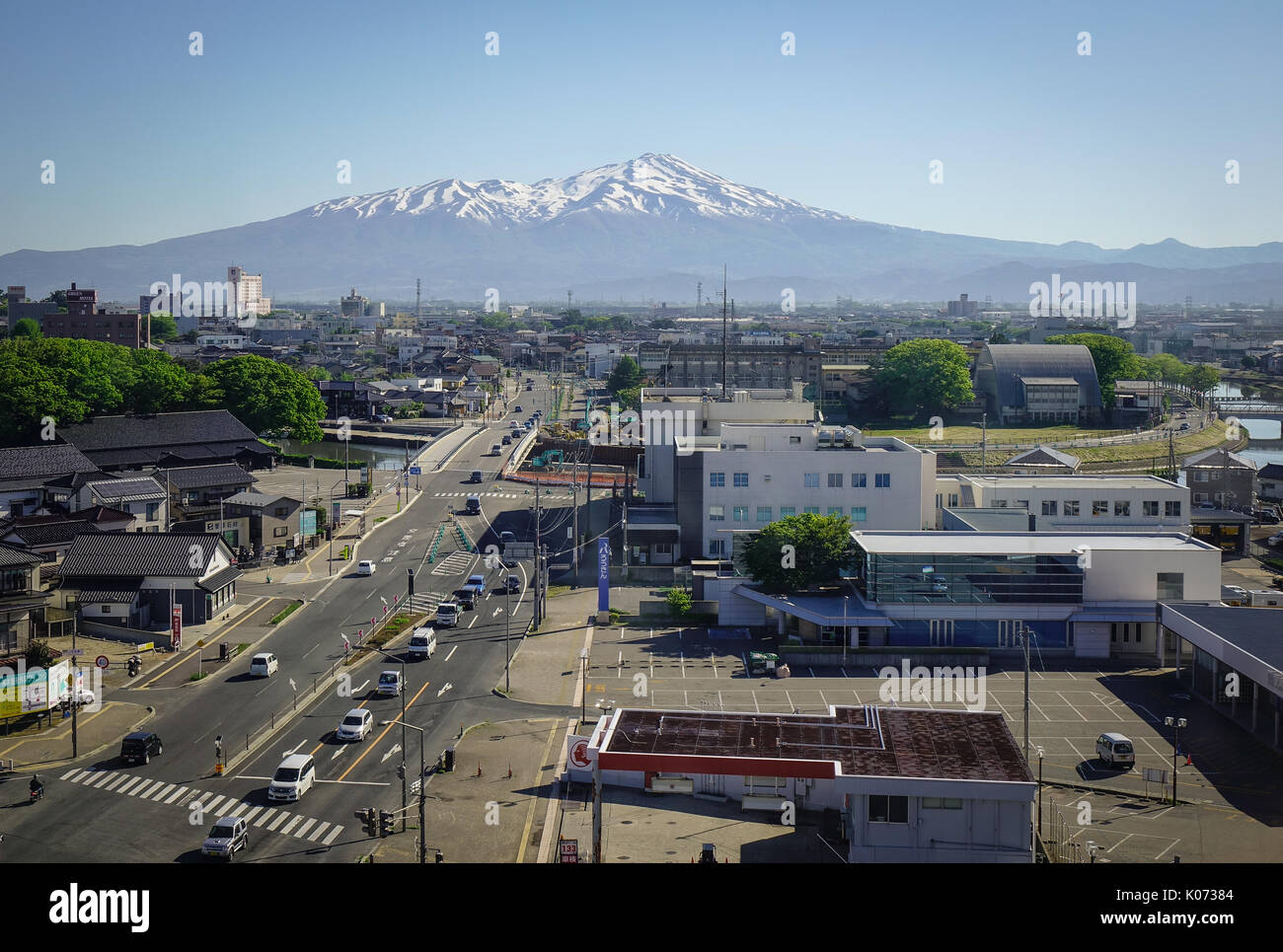 Sakata, Japan - May 19, 2017. Aerial view of Sakata City with snow ...