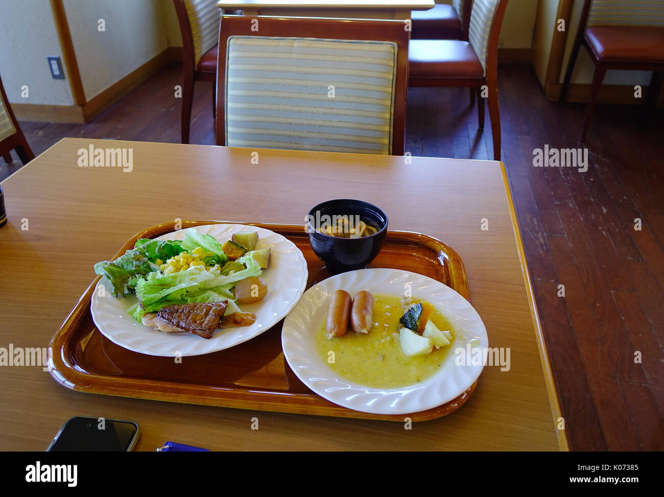 A meal for breakfast on wooden table at local restaurant in Tokyo ...