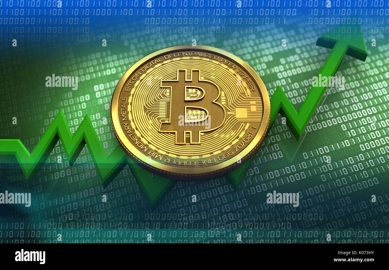 3d illustration of bitcoin over green binary background with Stock ...