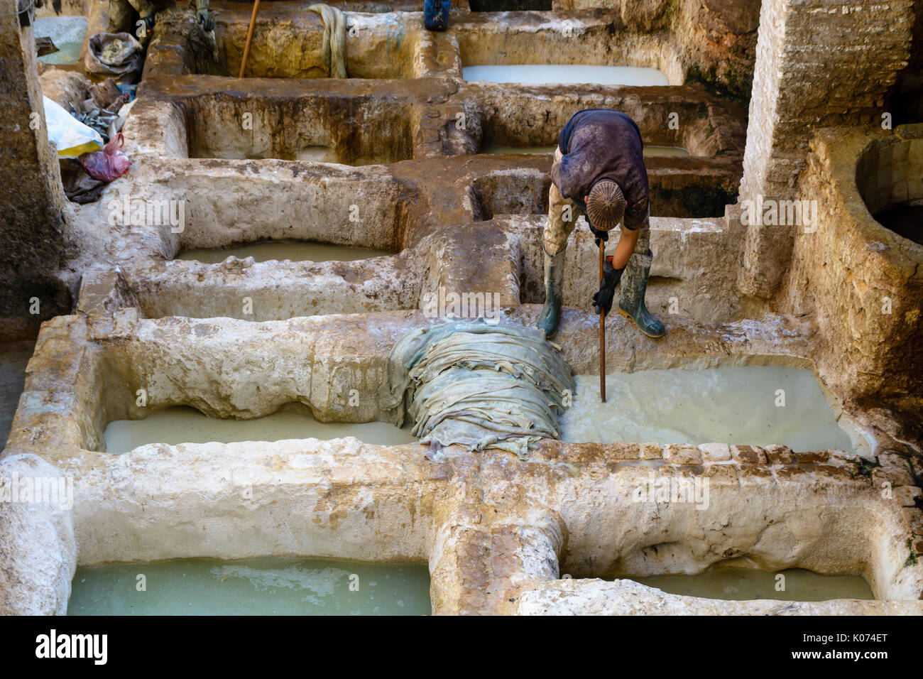 A worker tanning skin into leather in a tannery, Fez, Morocco Stock ...