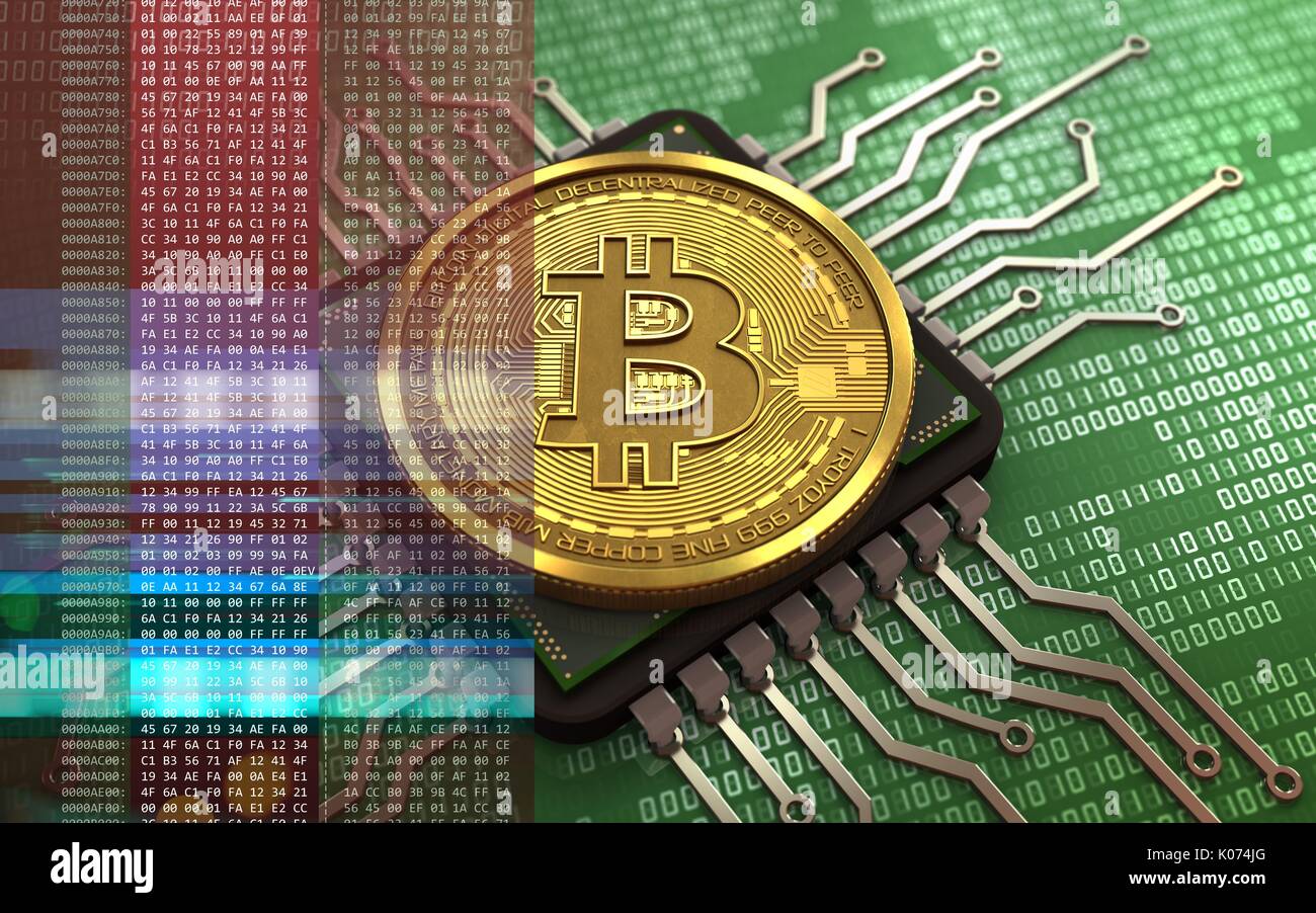 3d illustration of bitcoin over green binary background with computer ...