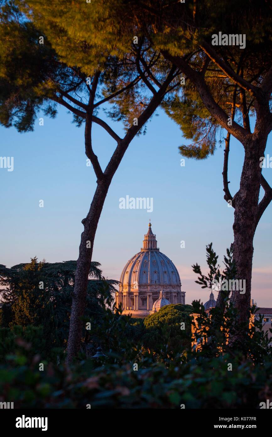 Rome, Lazio, Italy. View of Saint Peter Cathedral, trough the trees ...