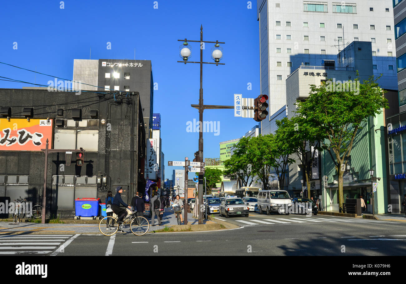 Akita, Japan - May 17, 2017. Vehicles on street at downtown in Akita ...