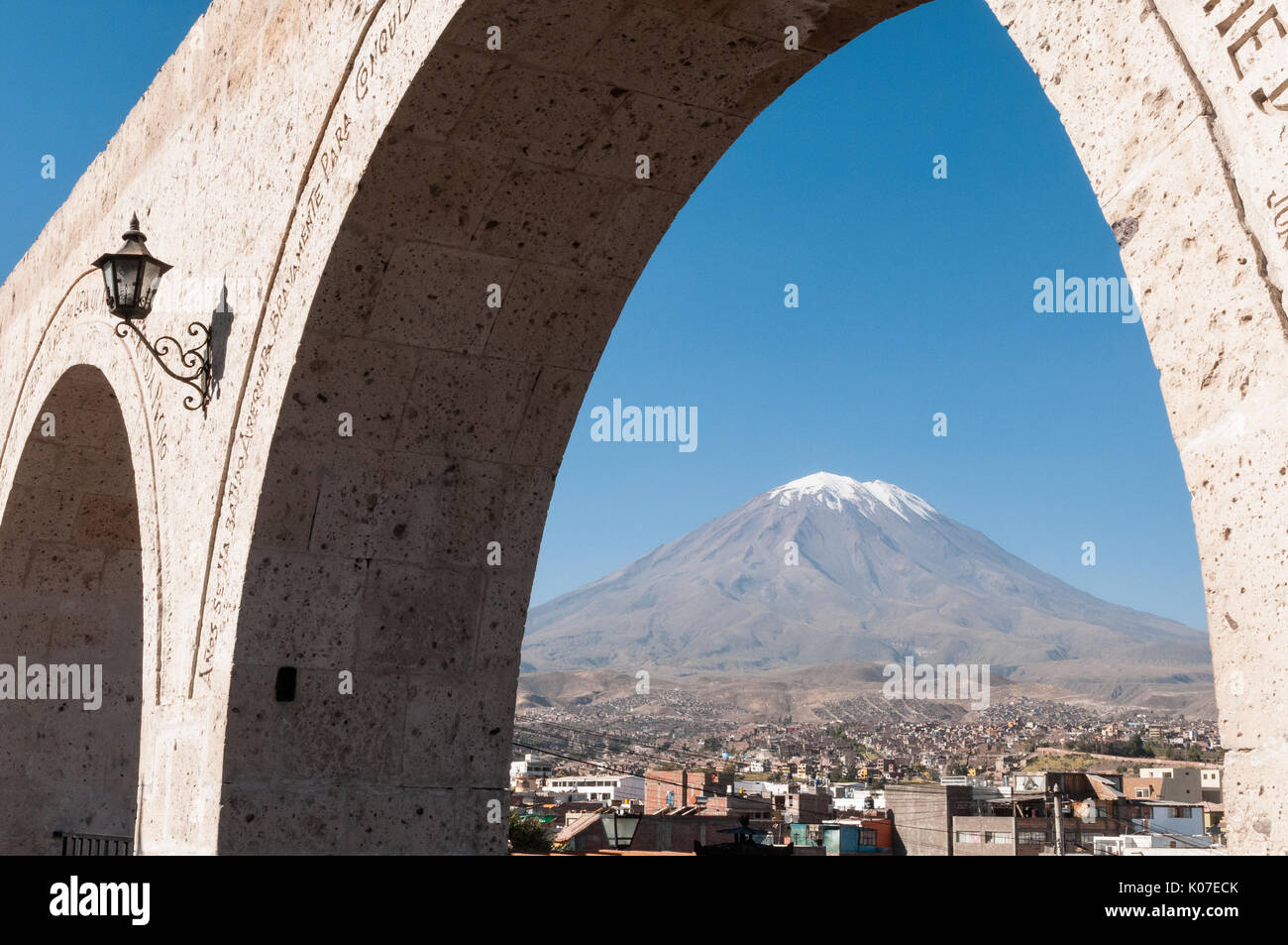 A view of El Misti, an active volcano towering above the city of ...