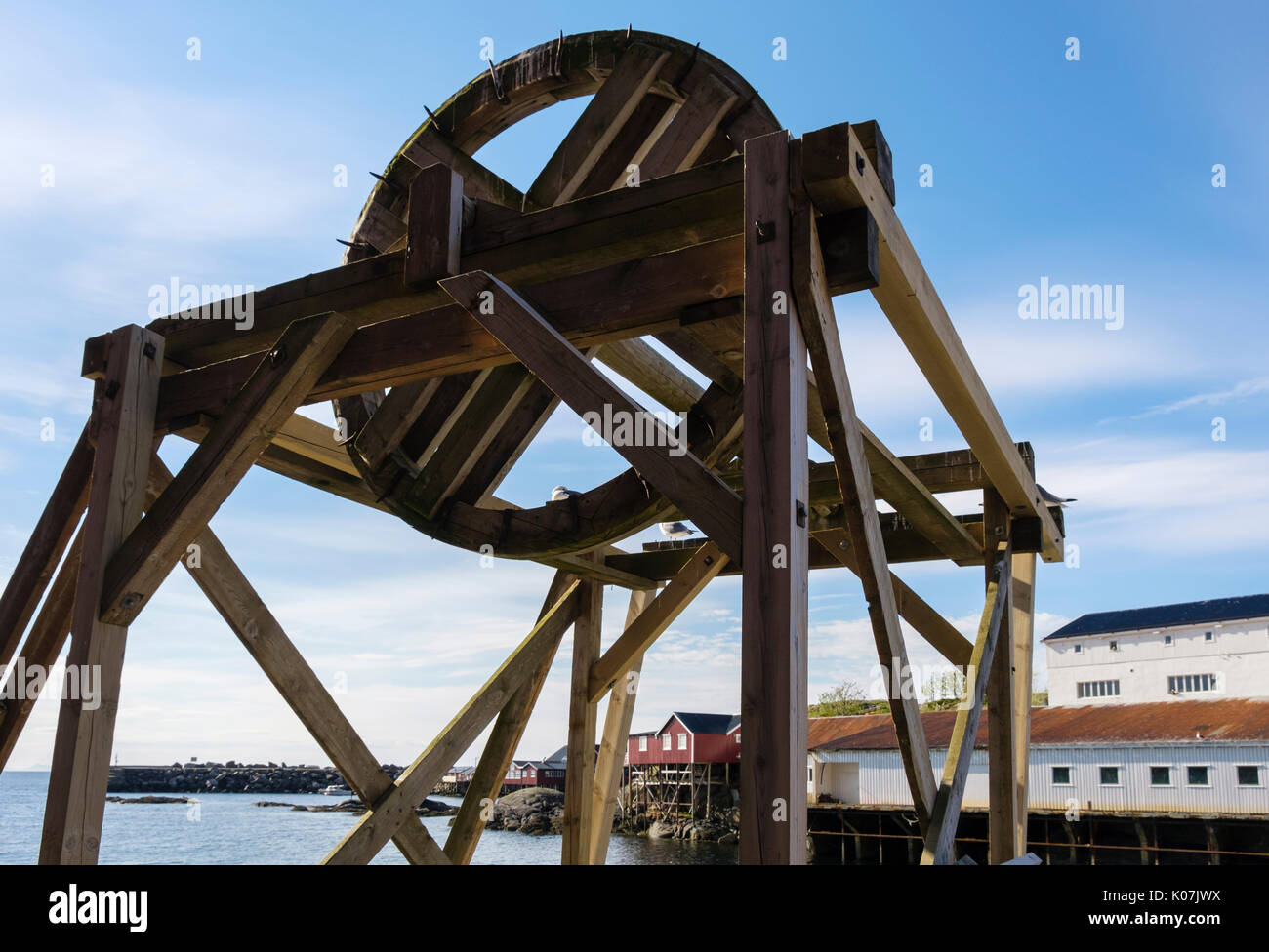 Wooden pulley exhibit in fishing village harbour outside Fish Museum. Å ...