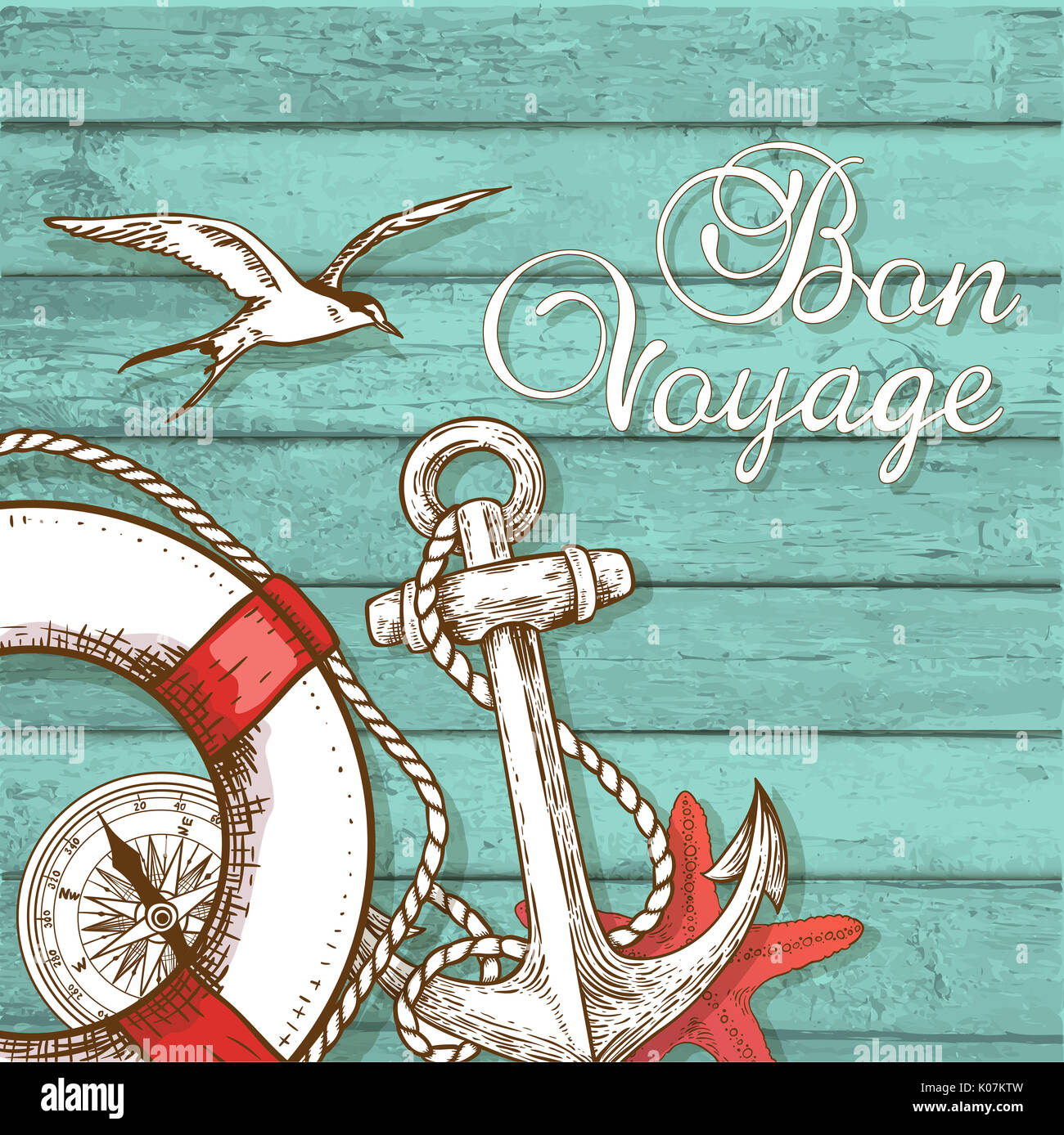 Vintage travel background with lifebuoy and anchor on a green wooden ...