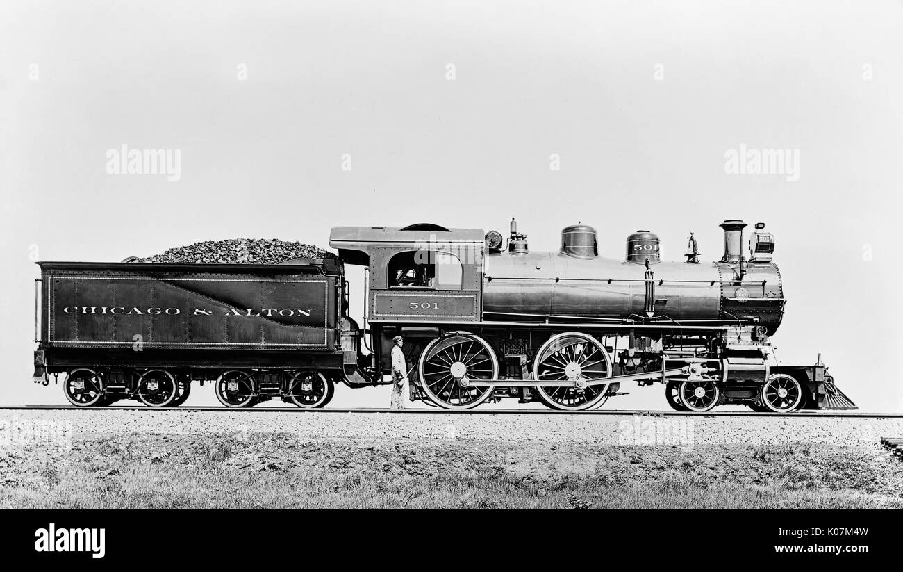 A railway steam engine and coal car, Chicago and Alton Railr Stock ...