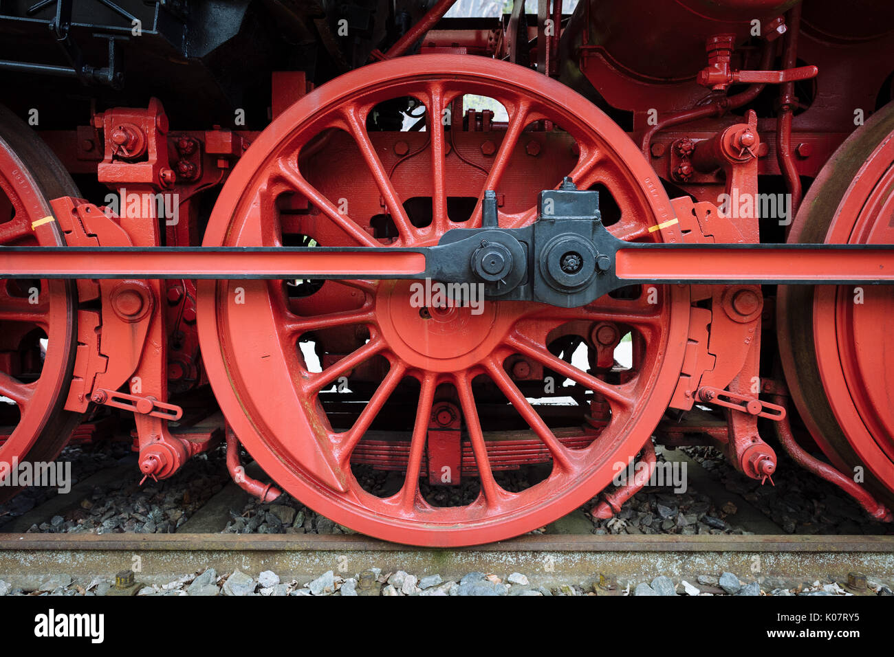 Red wheel, driving wheel and propulsion rod, historical steam engine ...