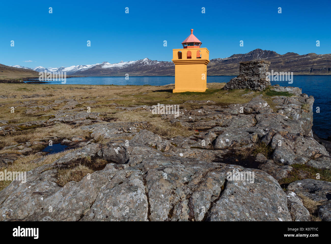 Orange lighthousehouse, Vattarnes, Reyðarfjörður, East Fjords, East ...