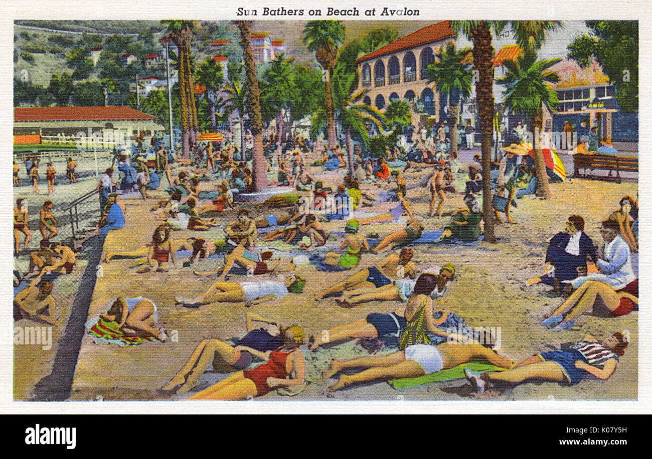 Sunbathers on beach, Santa Catalina Island, California, USA Stock Photo ...