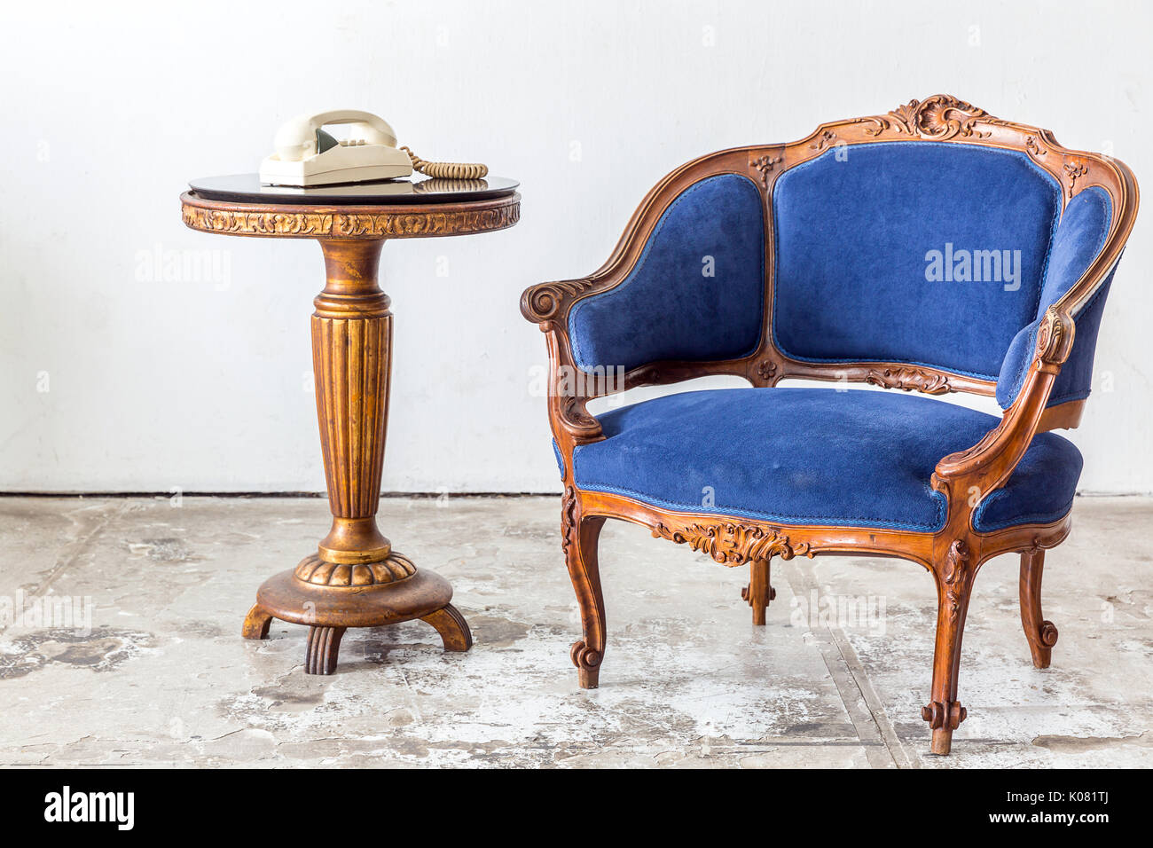 Blue sofa couch in vintage room with vintage telephone - classical ...