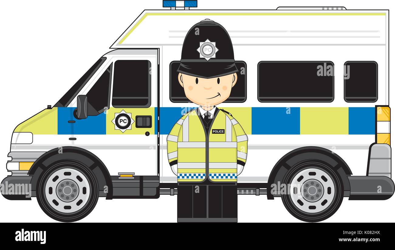Cute Cartoon British Policeman and Police Van Vector illustration Stock ...