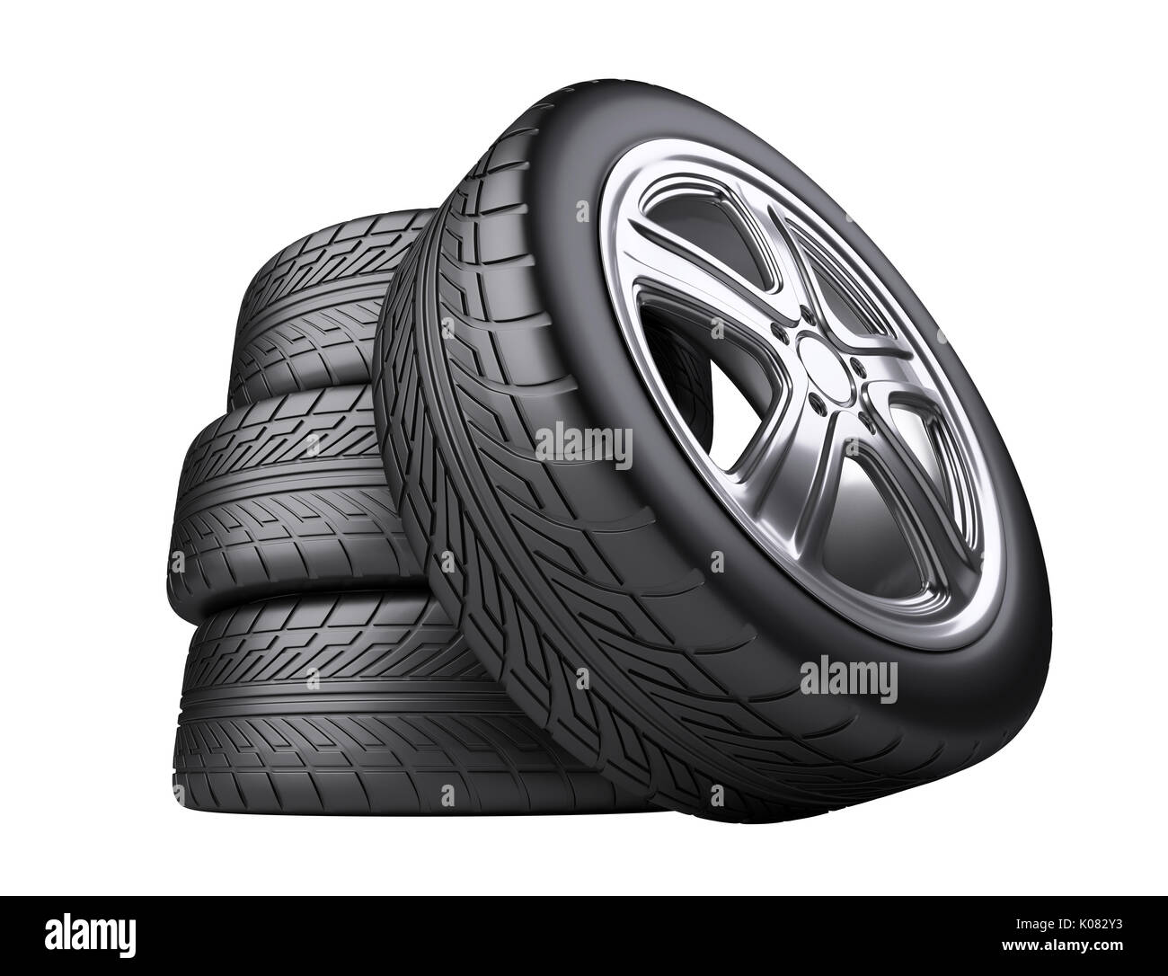 Stack new car wheels. 3d image. Isolated white background Stock Photo - Alamy