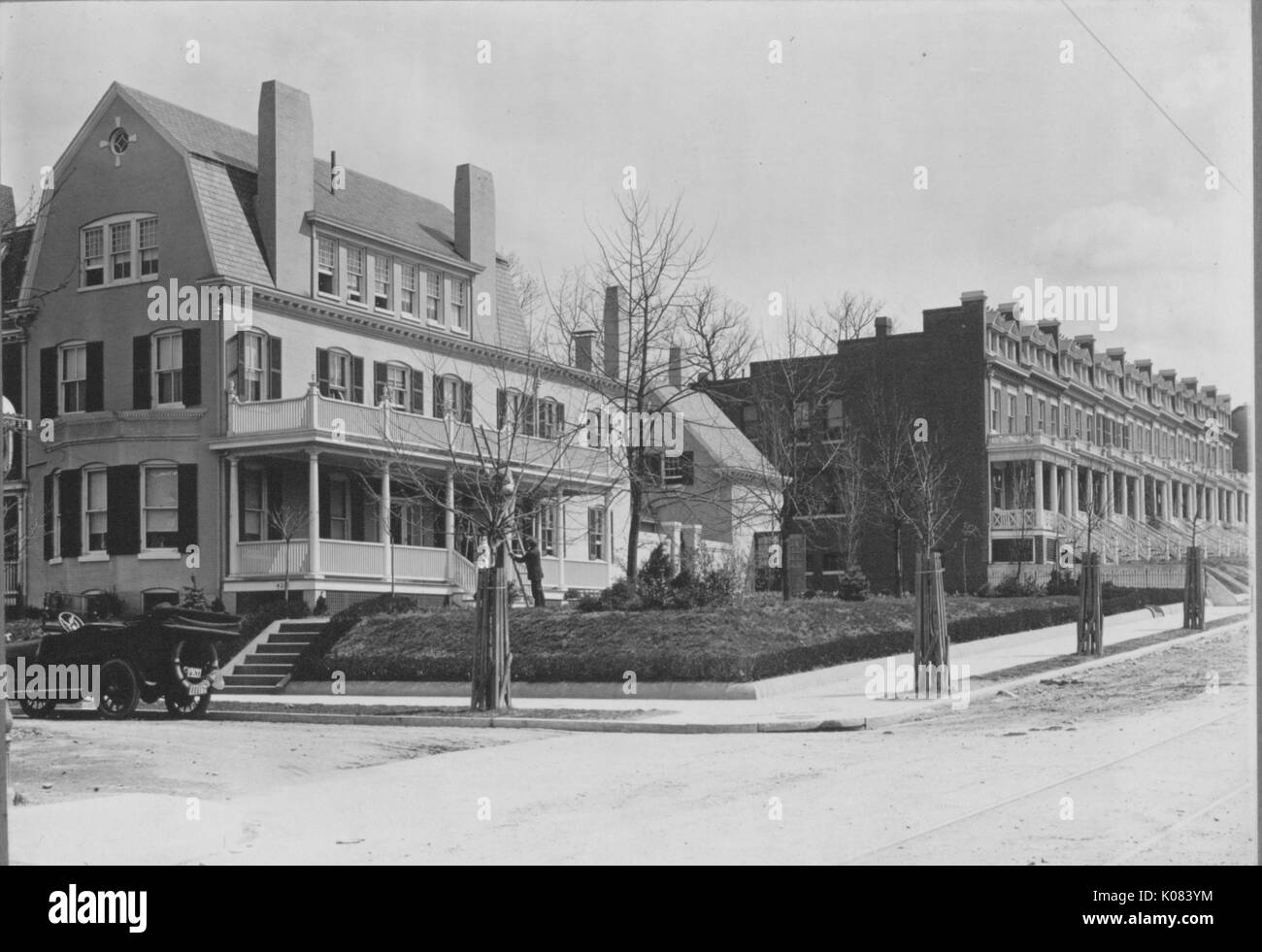Residential street corner in Baltimore, Maryland, featuring a tree ...