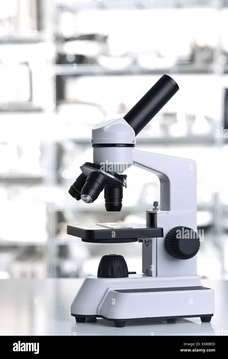 Microscope with sample with out of focus white lab background Stock ...