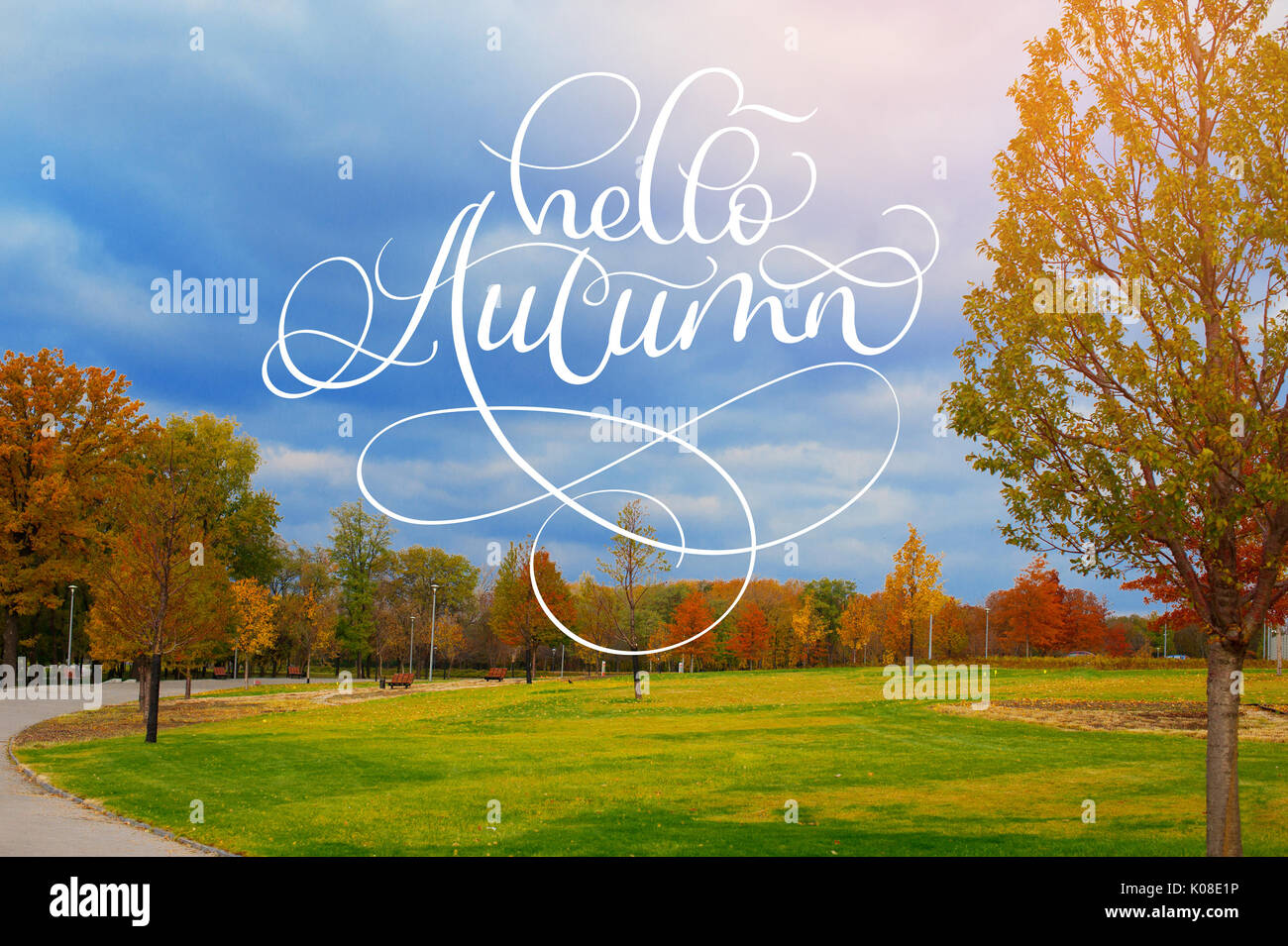 Hello Autumn calligraphy lettering text on Beautiful autumn alley in ...