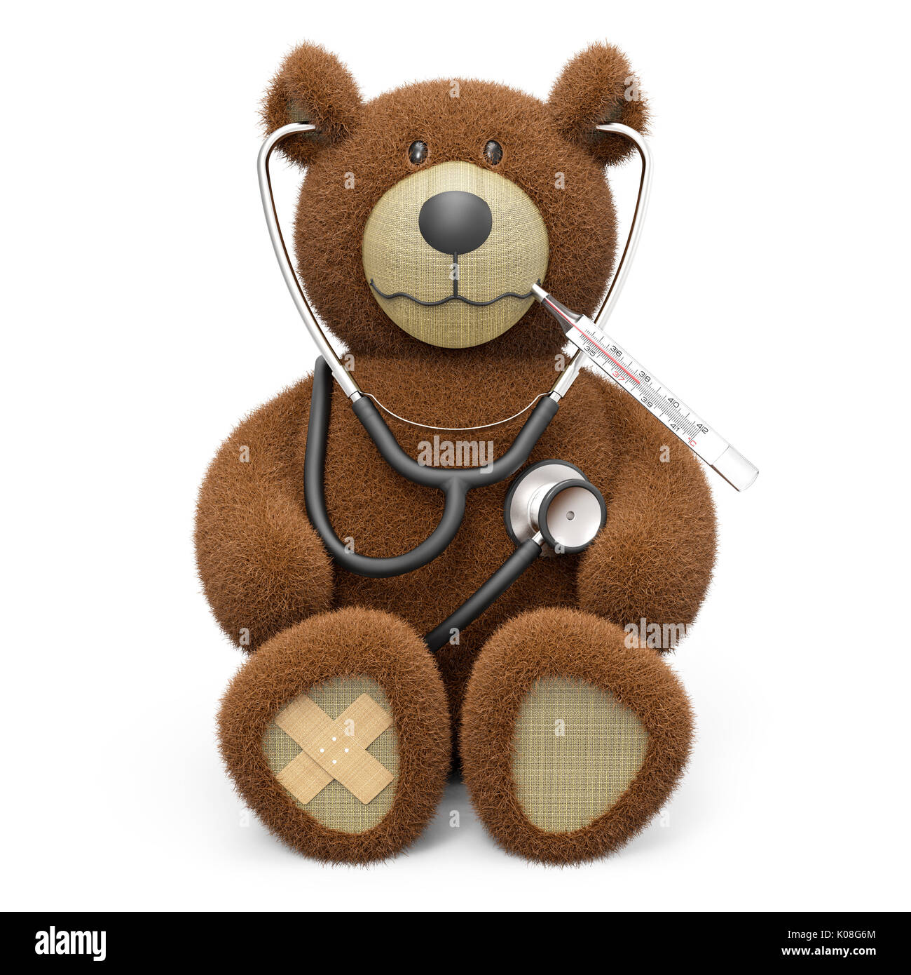 Teddy bear with stethoscope, plaster and thermometer isolated on white ...