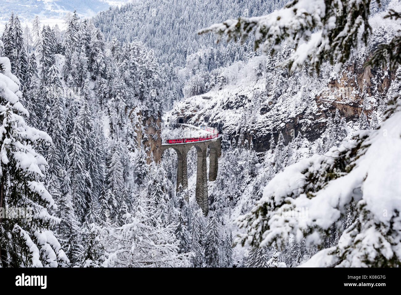 The Bernina Express red train as it passes over the Landwasser bridge ...