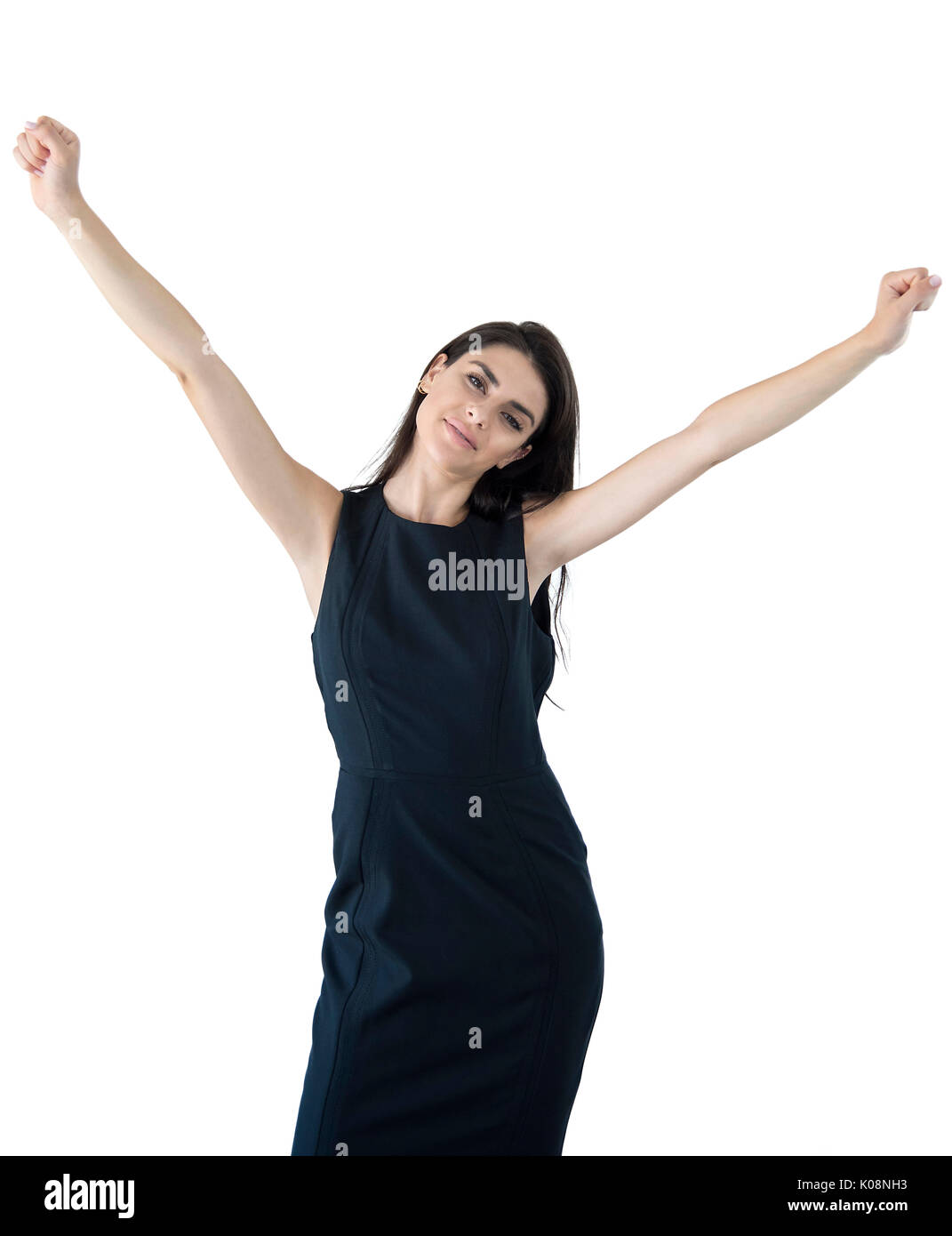 Young happy businesswoman with hands up, isolated on white backround ...