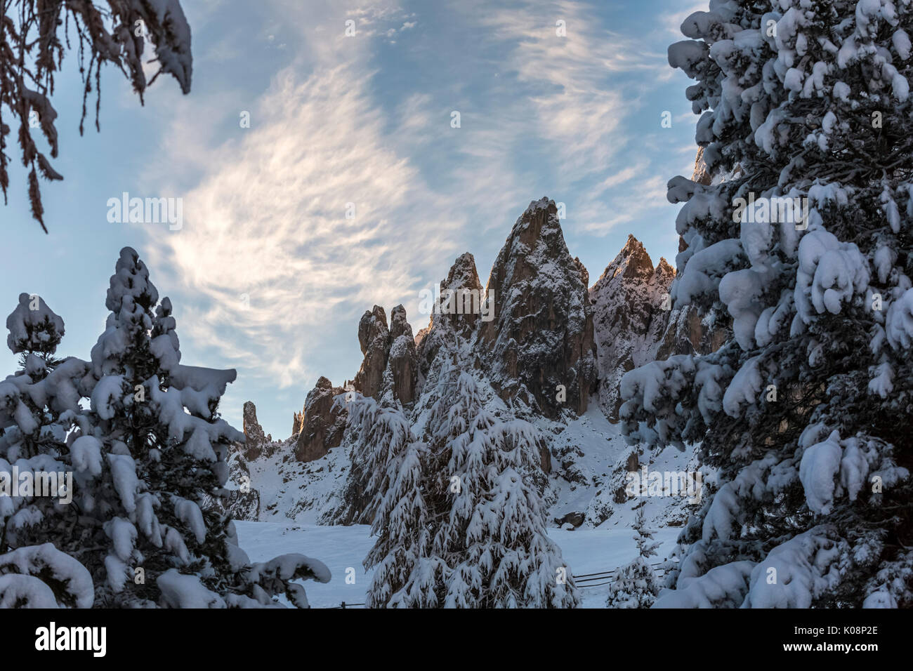 Odle Dolomites covered in snow. Passo delle Erbe, Bolzano, Trentino ...