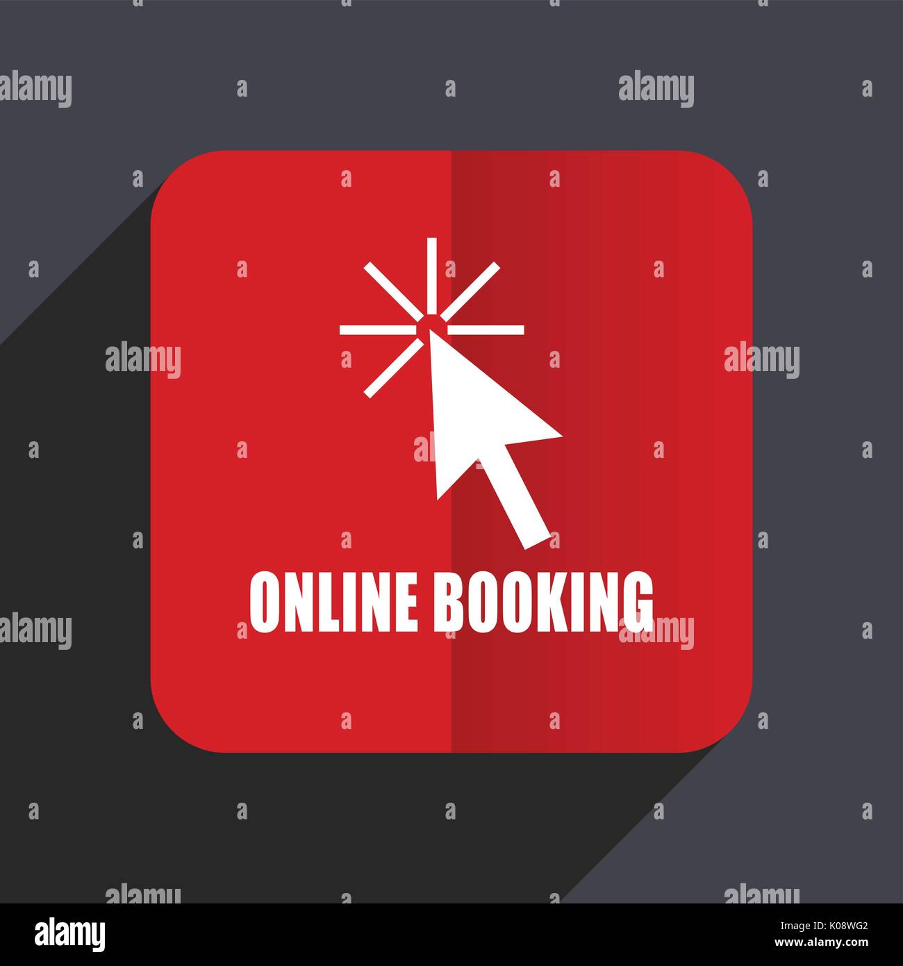 Online booking flat design web vector icon. Red square sign on gray ...