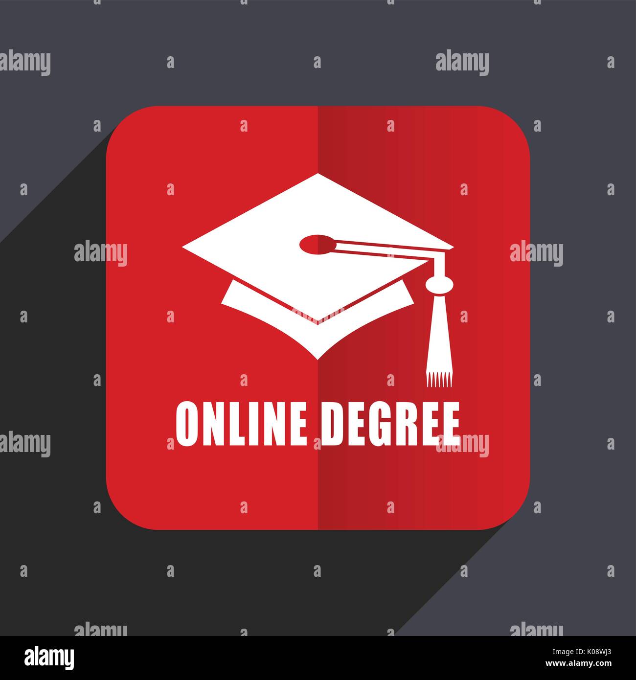 Online degree flat design web vector icon. Red square sign on gray ...