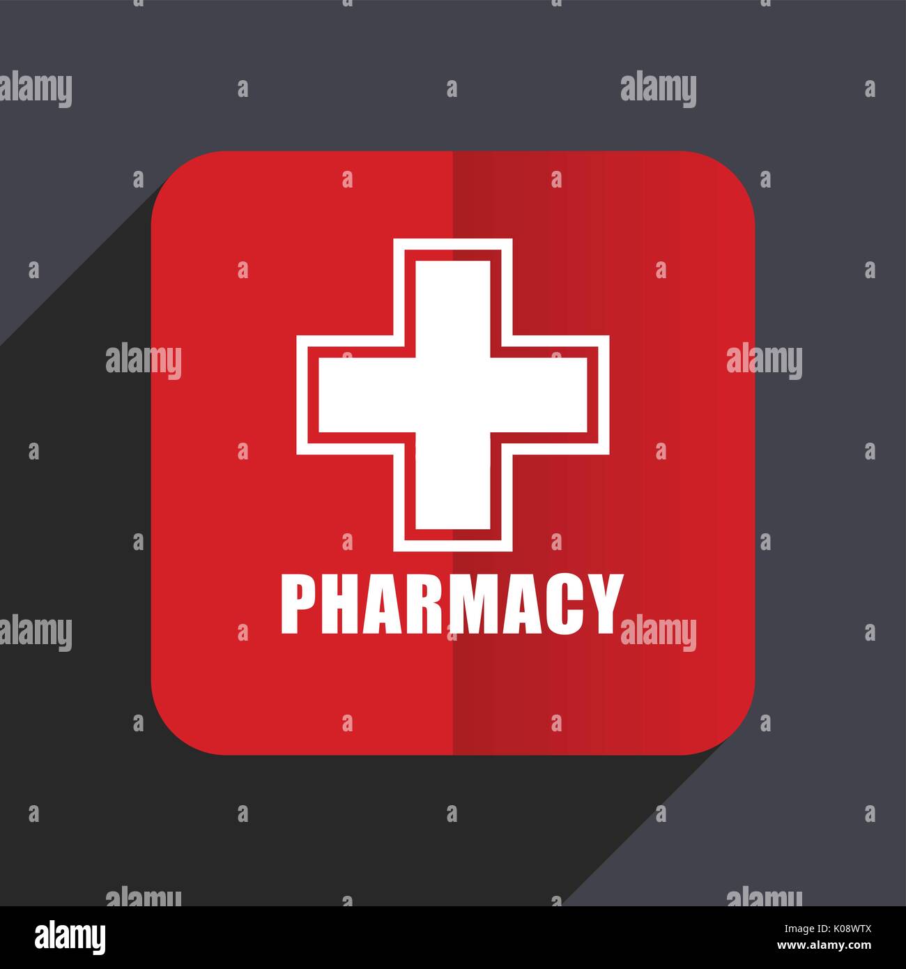 Pharmacy flat design web vector icon. Red square sign on gray ...