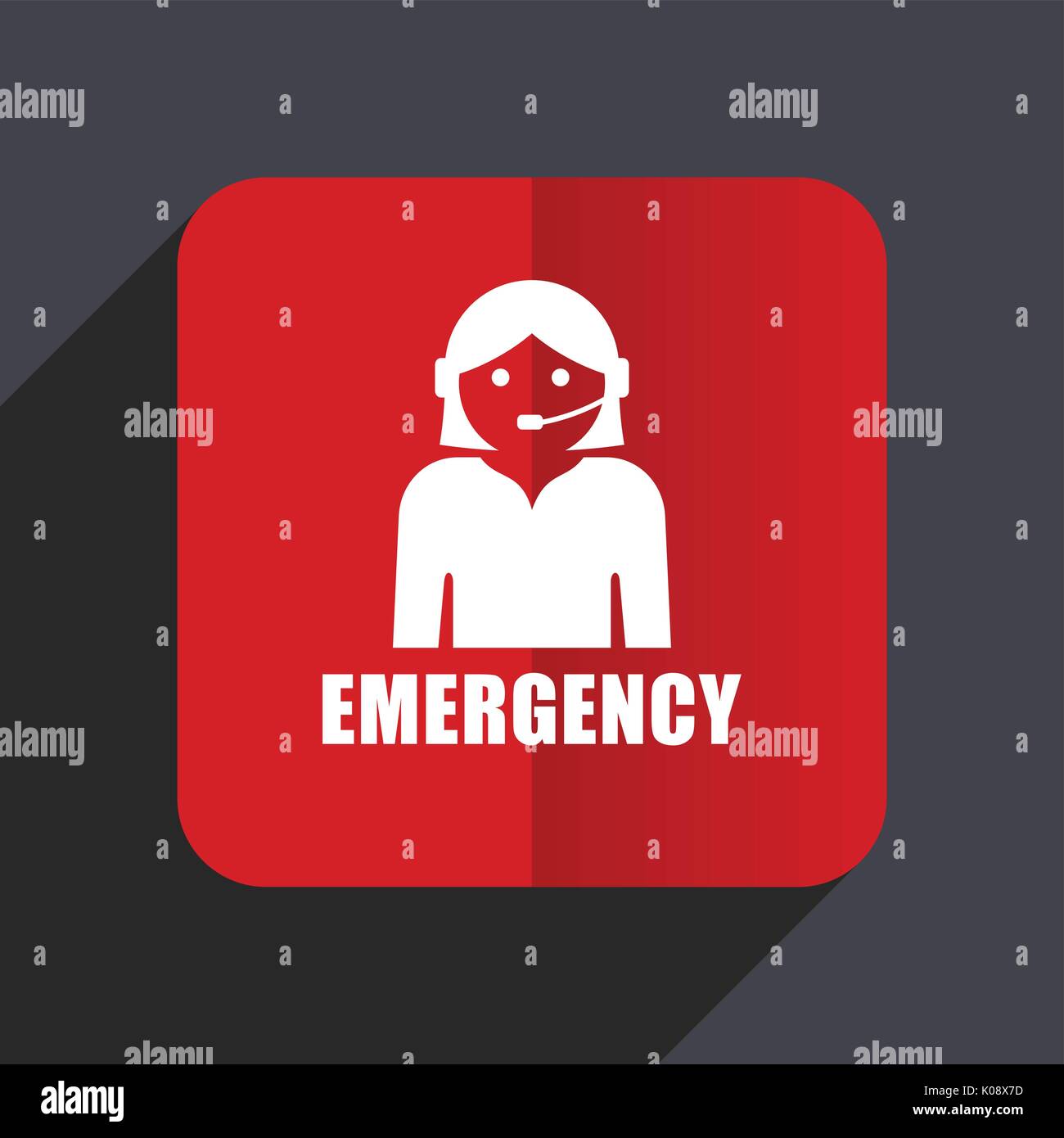 Emergency flat design web vector icon. Red square sign on gray ...