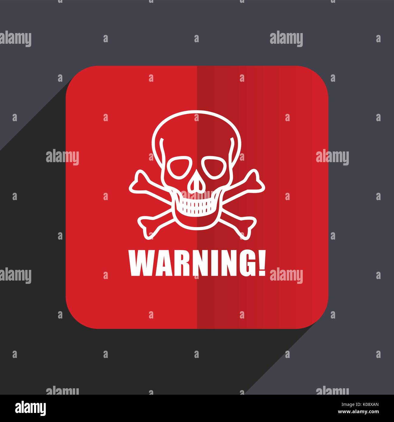 Warning skull flat design web vector icon. Red square sign on gray ...