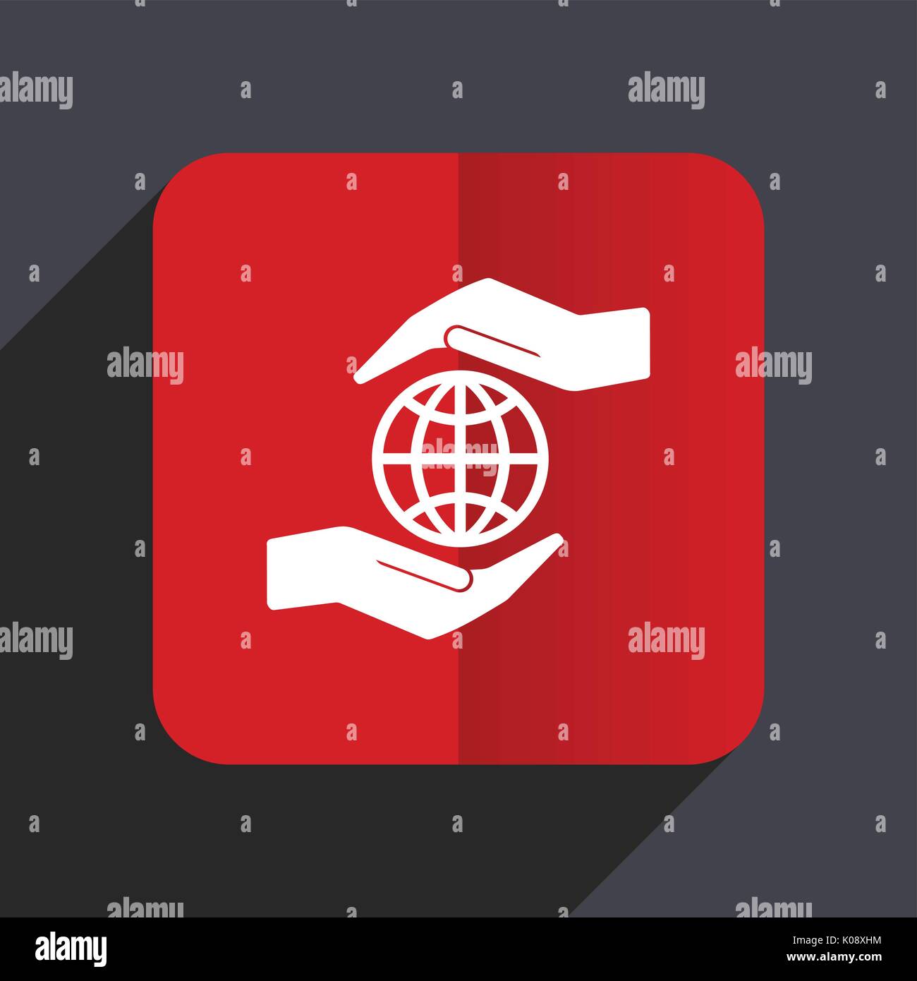 Hand protect the earth flat design web vector icon. Red square sign on ...