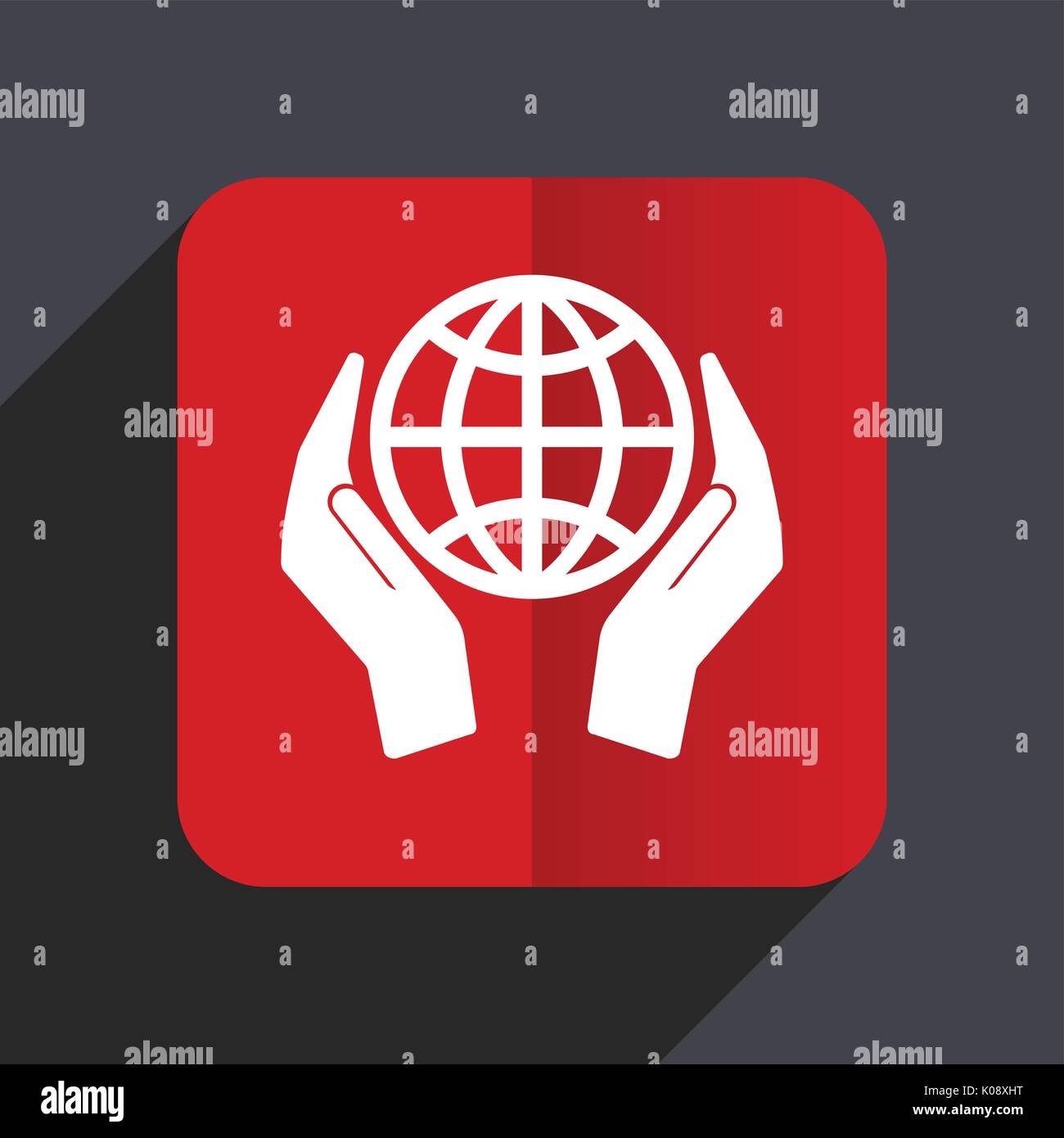 Hand protect the earth flat design web vector icon. Red square sign on ...