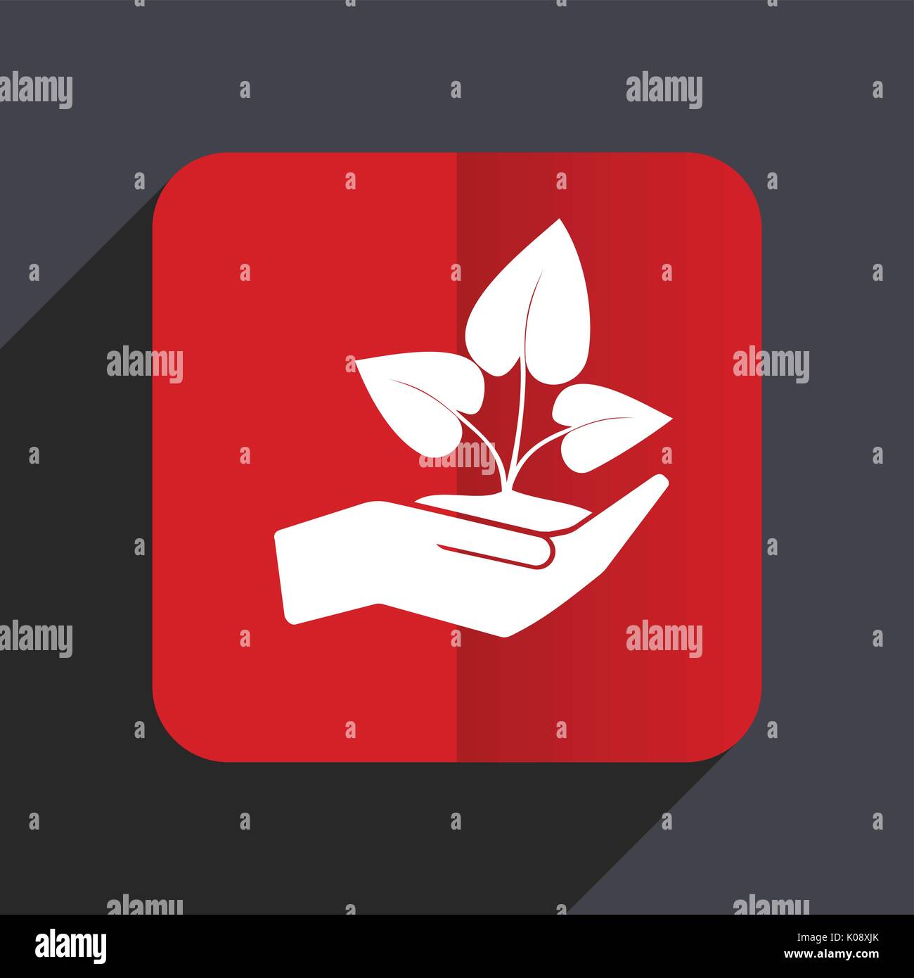 Hand protect plant growth flat design web vector icon. Red square sign ...