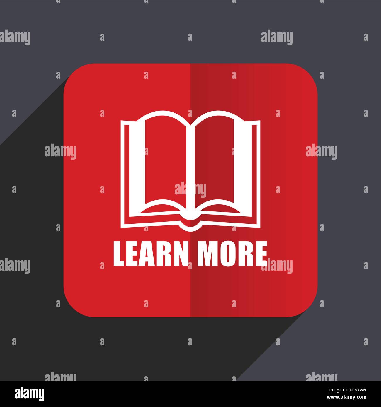 Learn more flat design web vector icon. Red square sign on gray ...