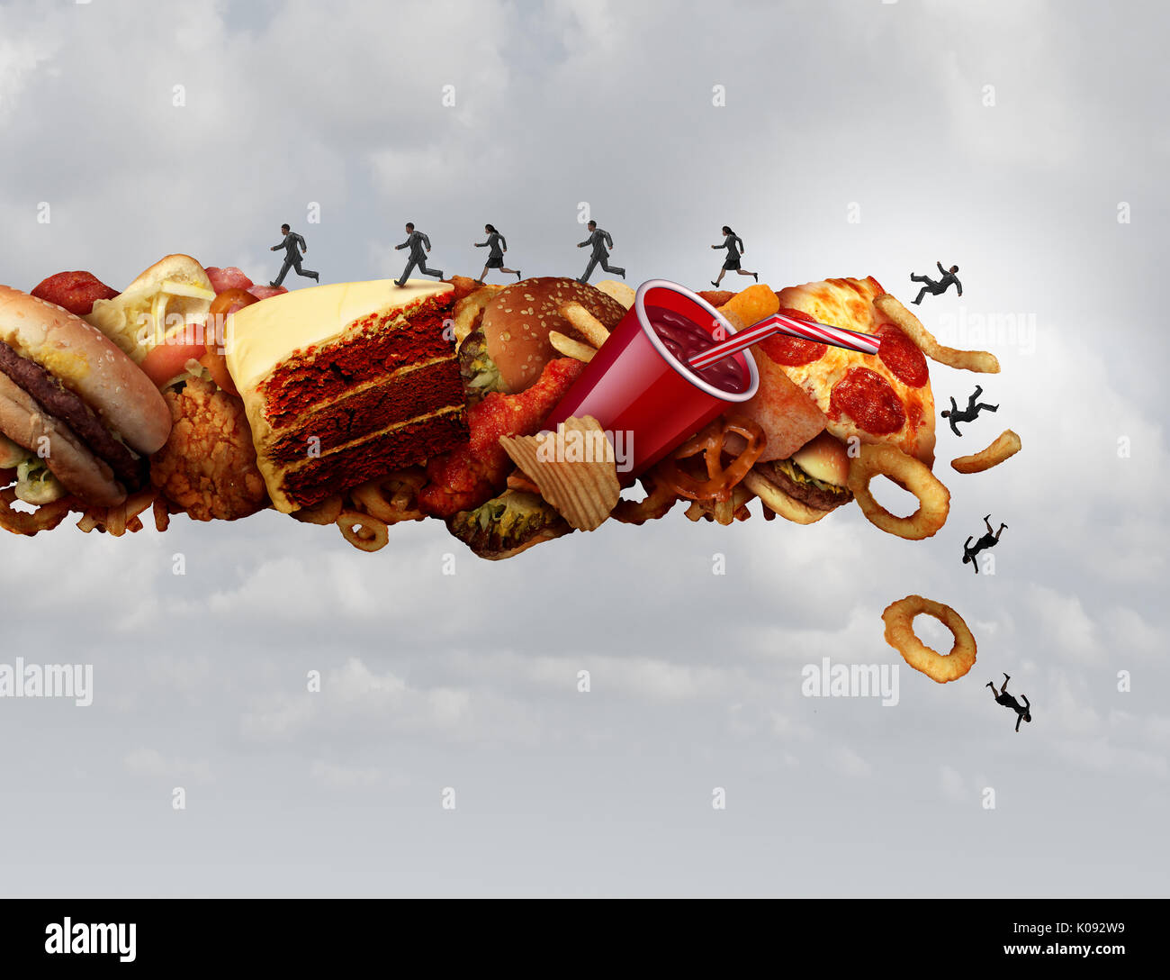 Junk food health risk nutrition concept as a group of people running ...