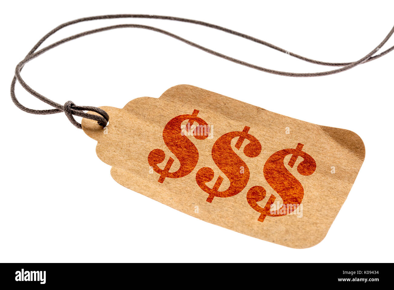 triple dollar sign - red stencil text on a paper price tag isolated on ...