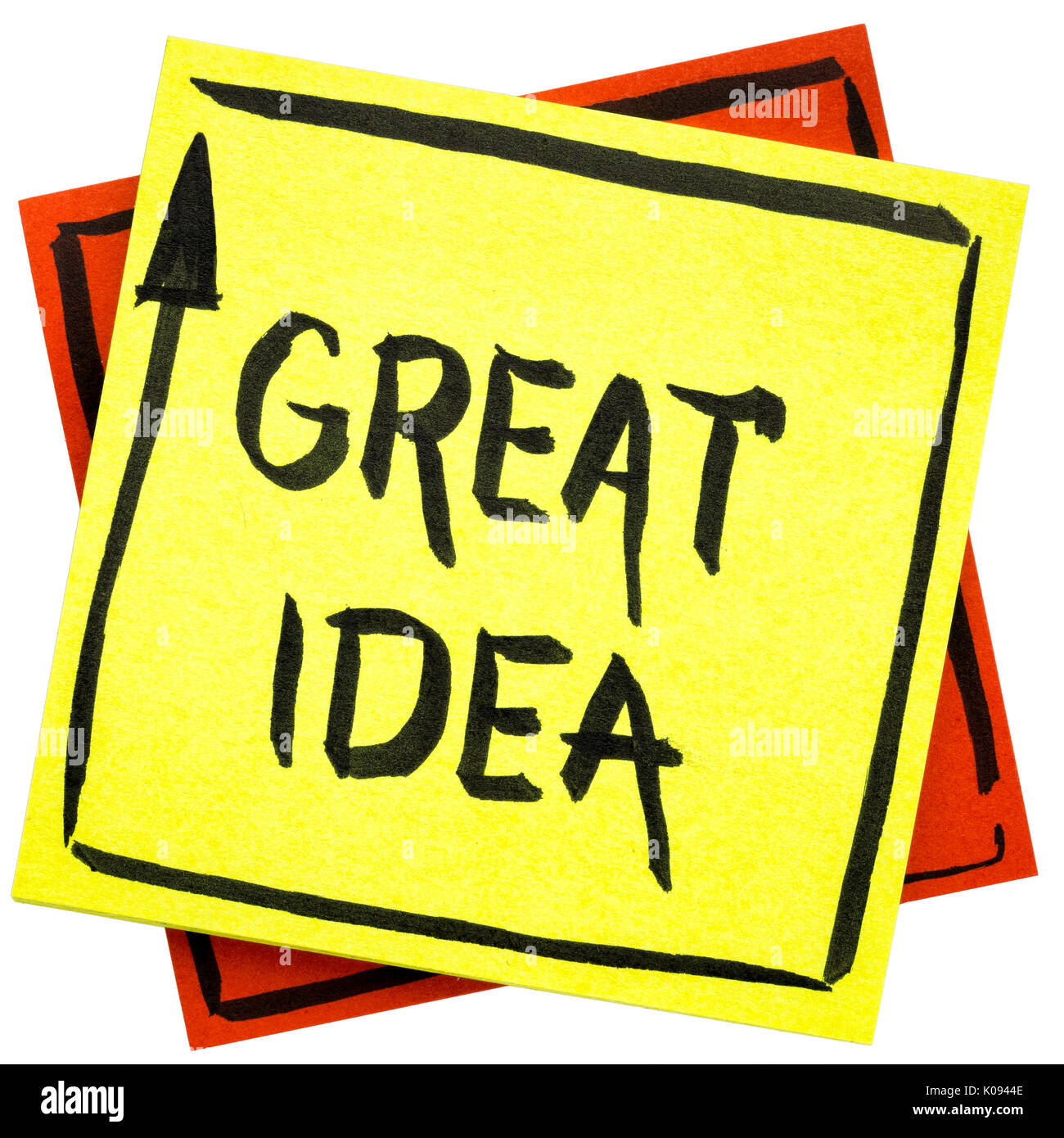 great idea - handwriting in black ink on an isolated sticky note Stock ...