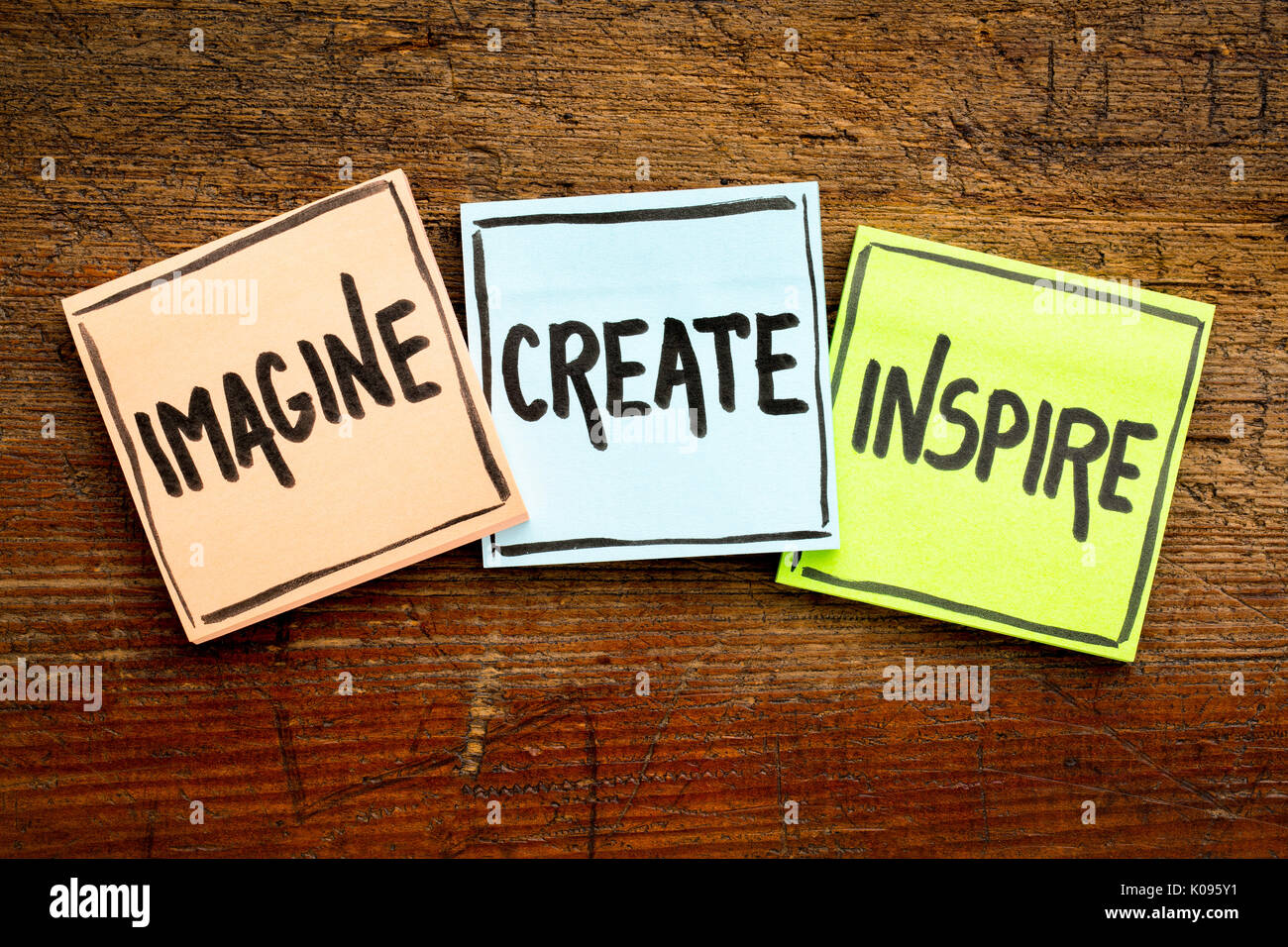 imagine, create, inspire concept - handwriting in black ink on sticky ...
