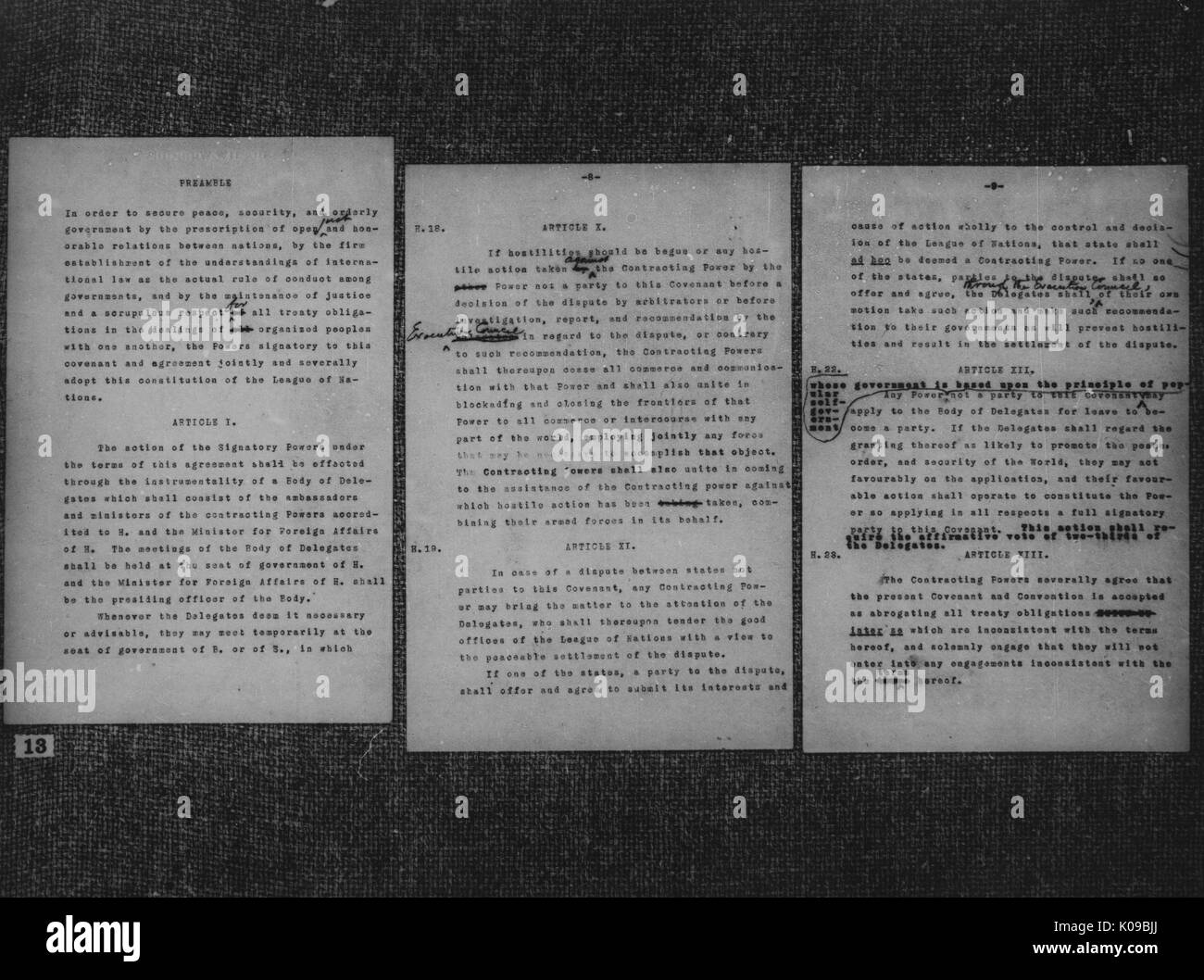 Three pages of an edited copy of articles from Woodrow Wilson, the ...