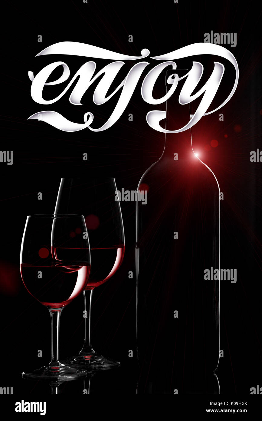 Enjoy logo with red wine bottle and two wine glasses with flare on ...