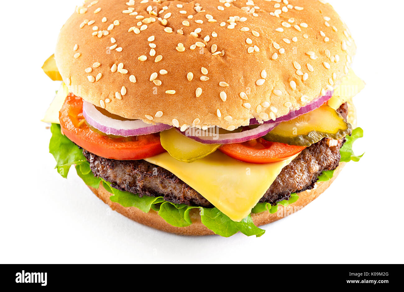 Classic cheeseburger isolated on white background. Close-up view Stock ...