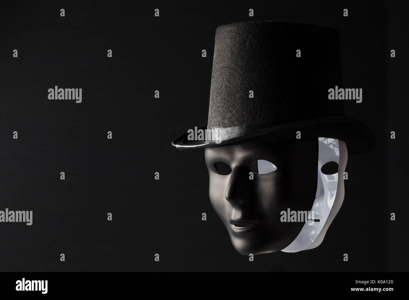 Black and white masks wearing black top hat isolated on black ...