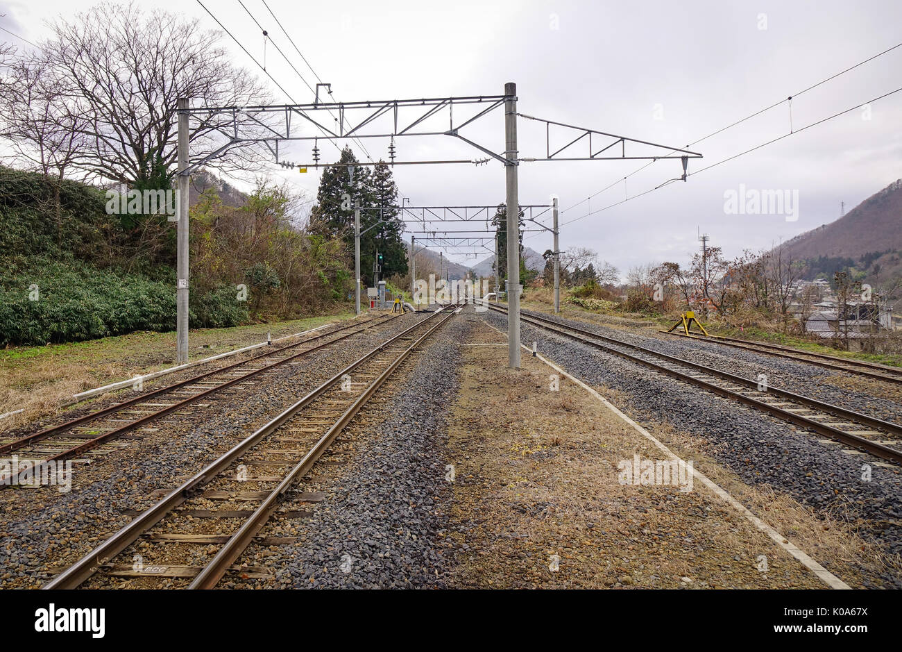 Empty railway tracks at rainy day in Kyoto, Japan Stock Photo - Alamy