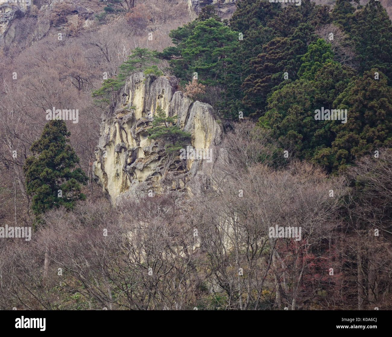 Mountain scenery with rocks and trees in Yamadera, Japan Stock Photo ...