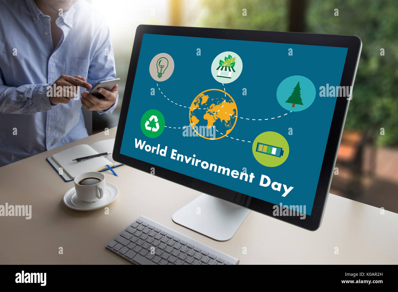 World environment day Earth globe Ecology tree and green leaf water ...